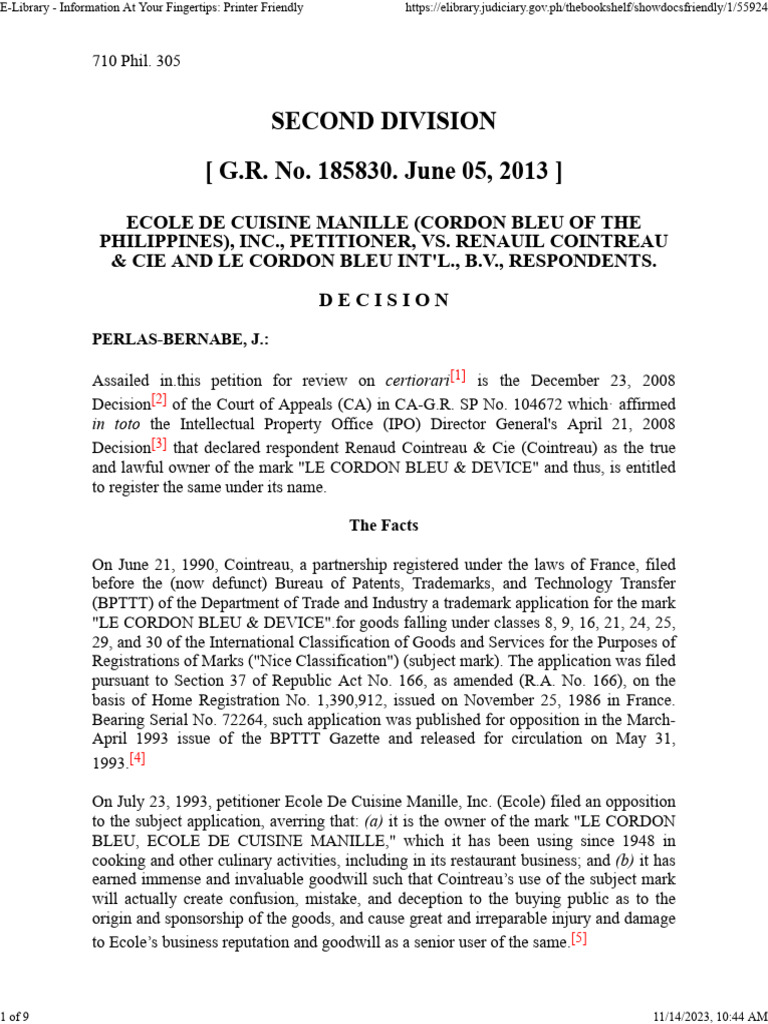 Ecole de Cuisine v. Renaud Cointreau, 697 SCRA 346 (2013) | PDF ...