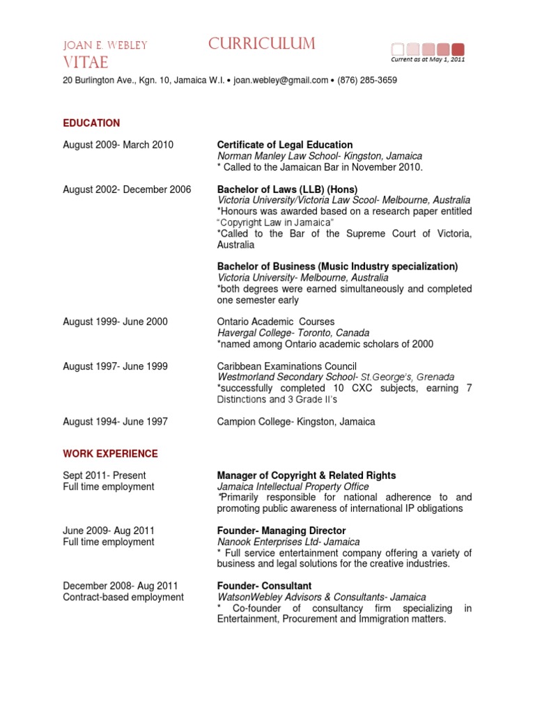 Joan Elizabeth Webley Resume | PDF | Jamaica | Legal Education