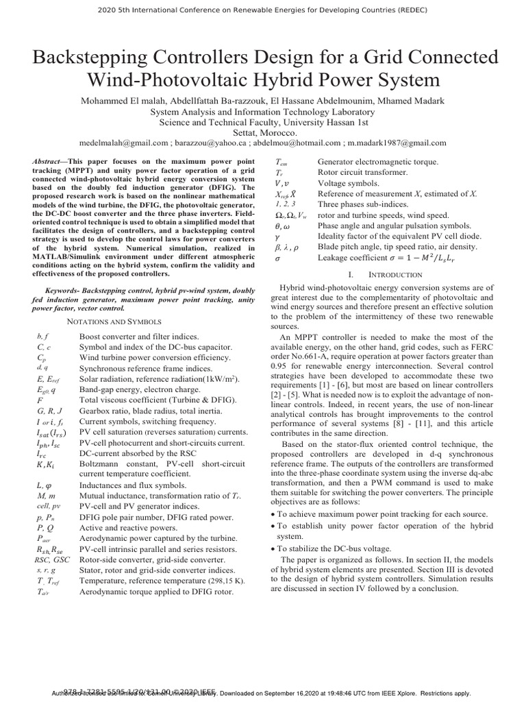 Malah Et Al. - 2020 - Backstepping Controllers Design For A Grid ... Malah Et Al. - 2020 - Backstepping Controllers Design For A Grid ...