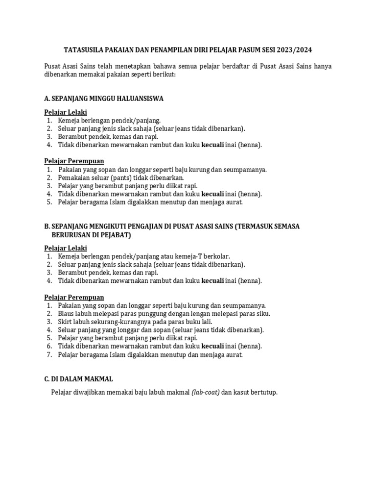 Tatasusila Pakaian Dan Penampilan Diri Pelajar Pasum 2023 2024 Latest | PDF
