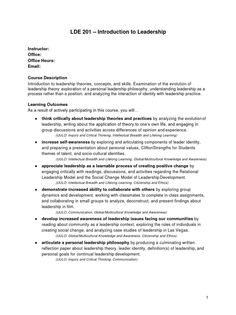 LDE 201 Intro To Leadership Syllabus Sample | PDF | Leadership ...