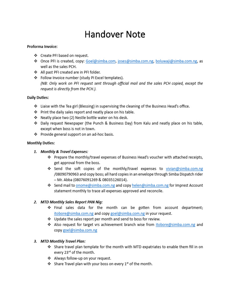 Handover Note - EA To The Business Head | PDF | Service Industries ...