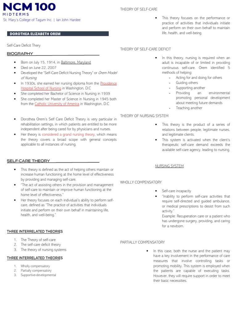 NCM 100 Handouts - Theories 1 | PDF | Nursing | Florence Nightingale