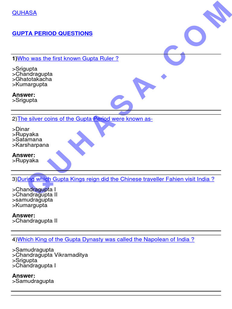 Gupta Empire MCQs and Answers | PDF | South Asia