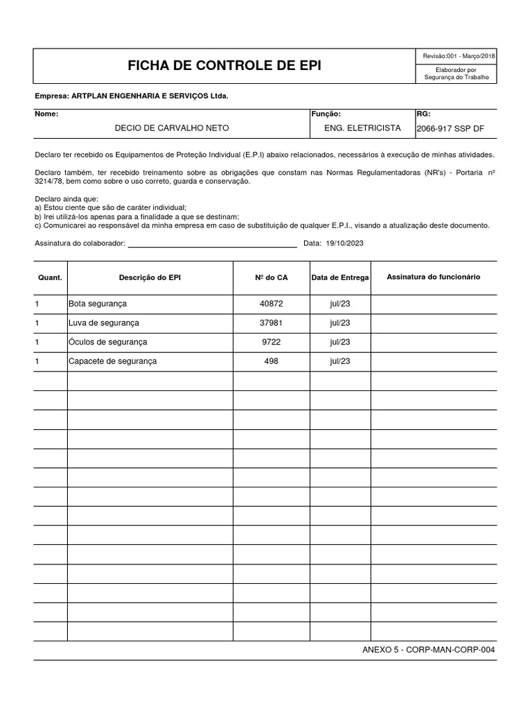 Ficha de Controle de Epi - Rev1 | PDF