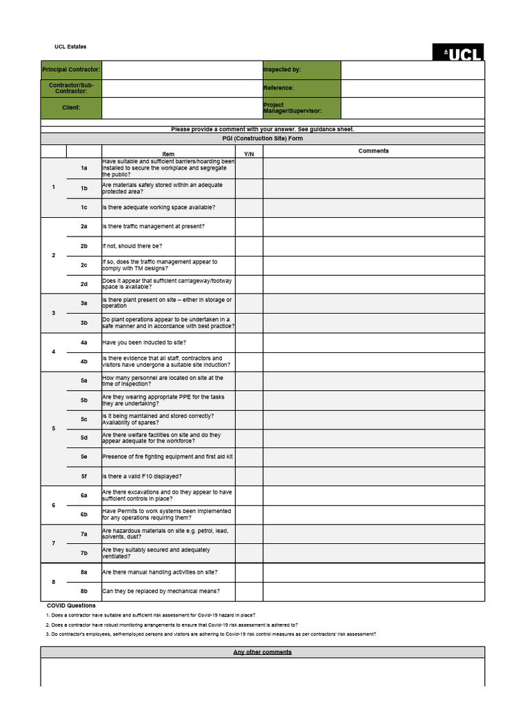Construction Site Inspection Checklist | PDF | Safety | Occupational ...