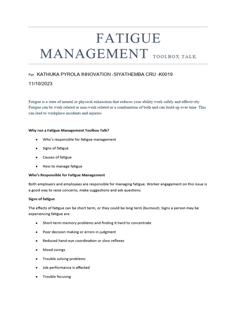 Fatigue Management Toolbox Talk | PDF | Occupational Safety And Health | Psychology