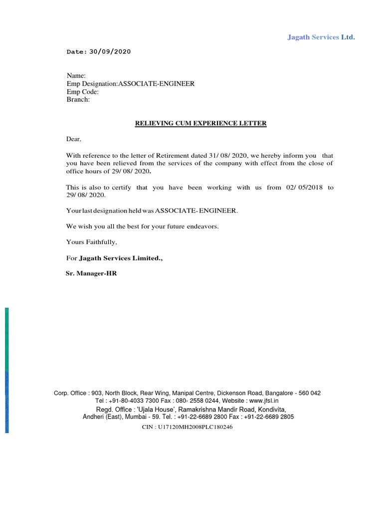 Relieving Cum Experience Letter | PDF