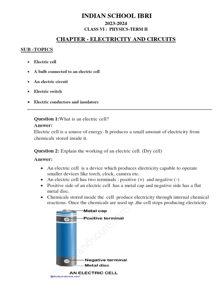 Class Vi Phy-Term - Ii-Electricty and Circuits 2023-24 | PDF ...