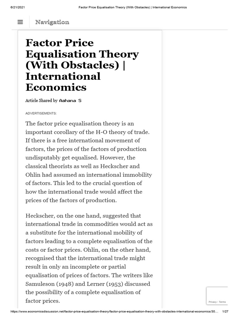 Factor Price Equalisation Theory (With Obstacles) - International ...
