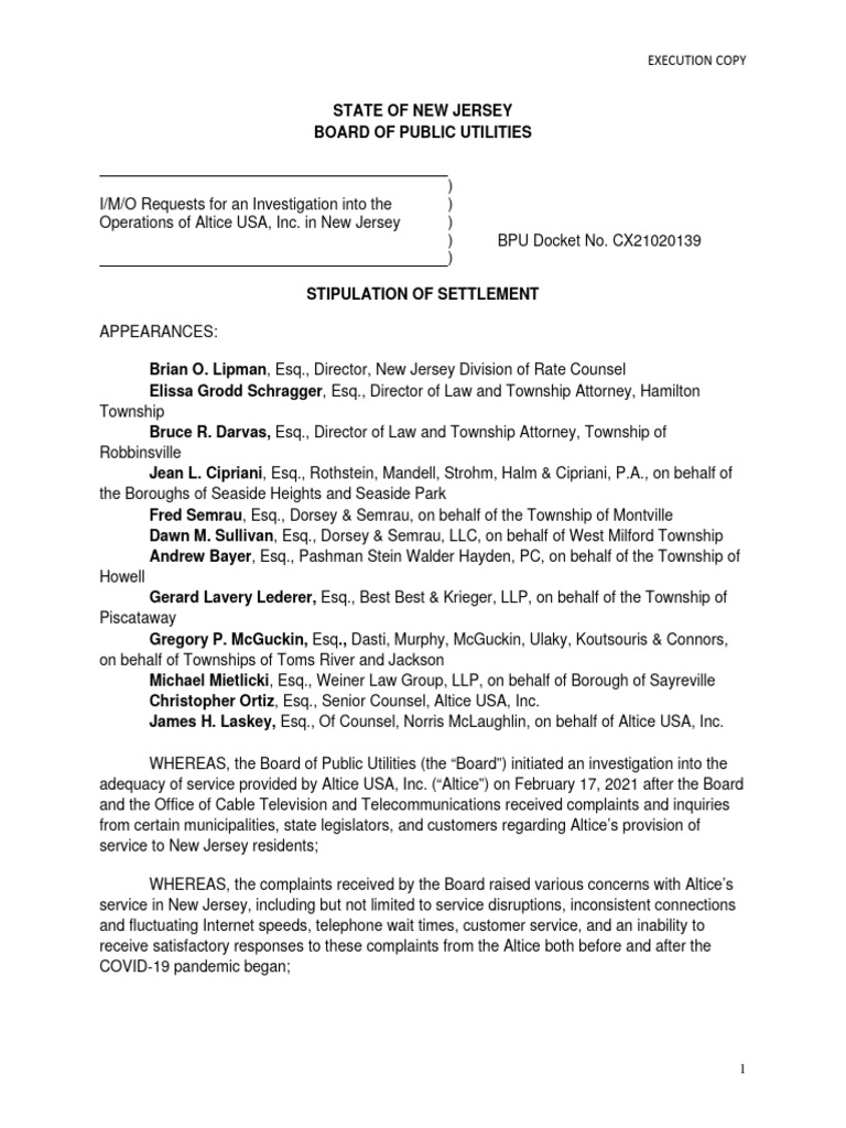Altice NJ Stipulation of Settlement | PDF | Justice | Crime & Violence