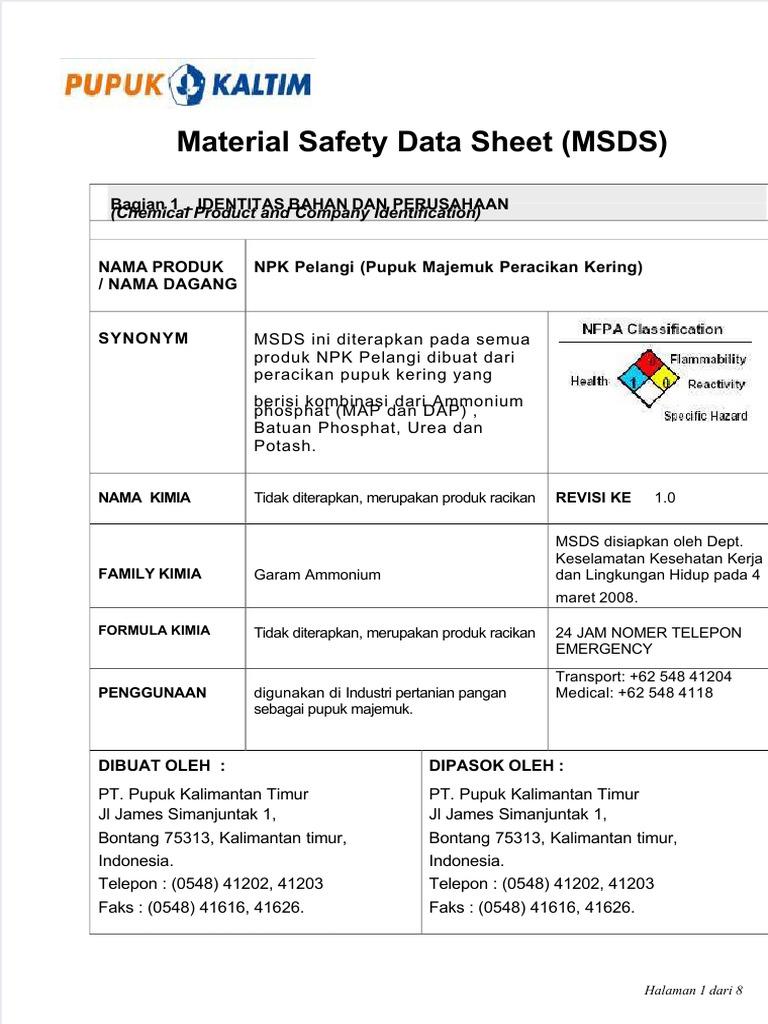 Dokumen - Tips - Msds Pupuk Majemuk 55a92c1d3c82e | PDF