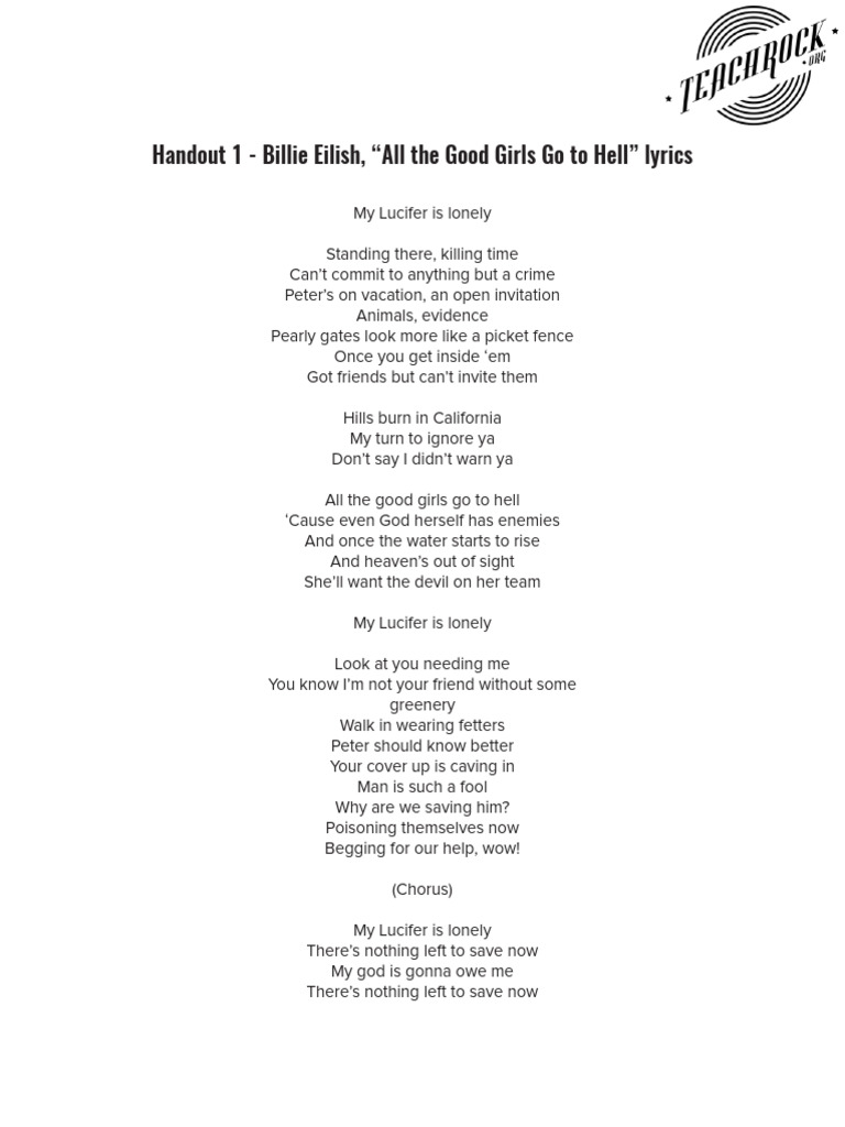 Handout 1 Billie Eilish "All The Good Girls Go To Hell" Lyrics | PDF