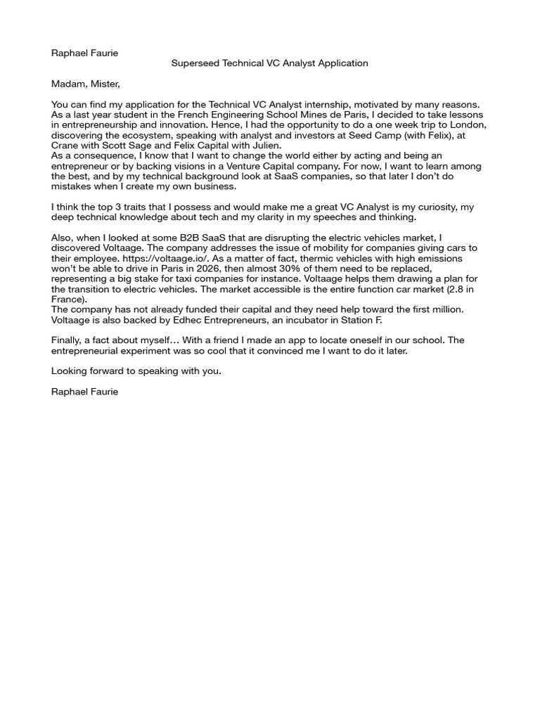 Technical VC Analyst Internship Application | PDF | Business
