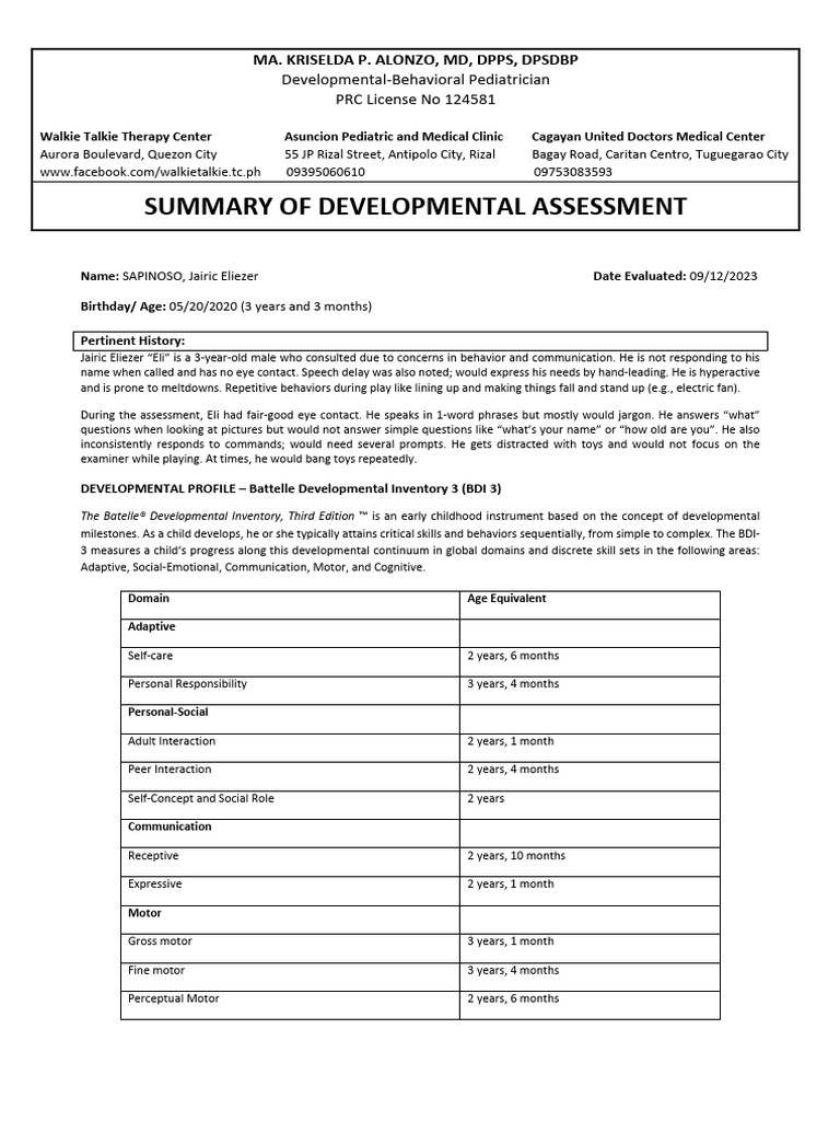 Summary of Developmental Assessment SAPINOSO | PDF | Autism Spectrum | Cognitive Science