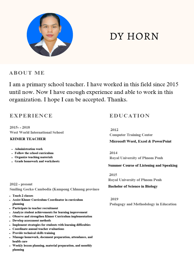 Khmer Teacher Resume and Experience | PDF | Cambodia | Teachers