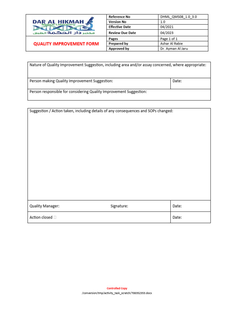DHML QMS08 1.0 3.0 Quality Improvement Form | PDF