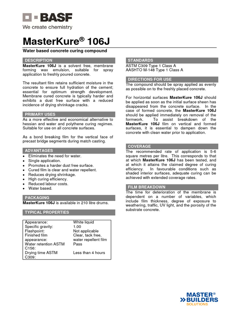 Curing Compound MasterKure 106J | PDF | Concrete | Physical Sciences