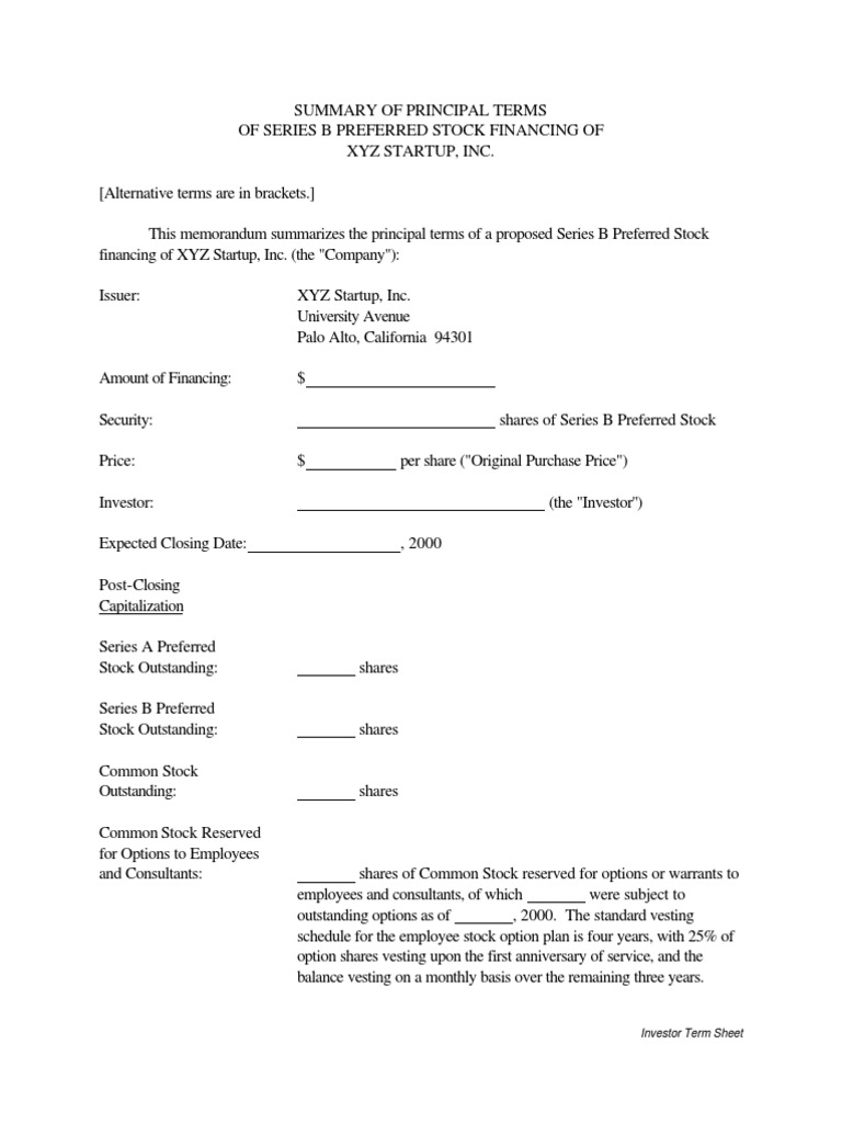 VC Term Sheet | Preferred Stock | Initial Public Offering