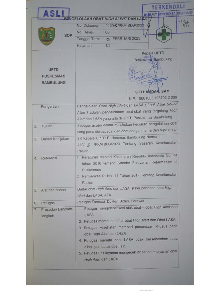 Sop Pengelolaan Obat High Alert Dan Lasa Pdf