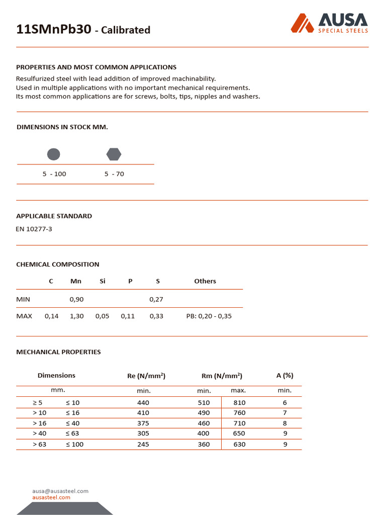 Free Cutting Cold Drawn 11SMnPb30 Calibrated AUSA | PDF