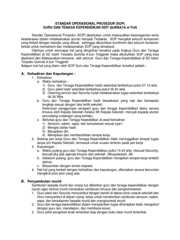 SOP Guru & Tenaga Kependidikan SDIT | PDF