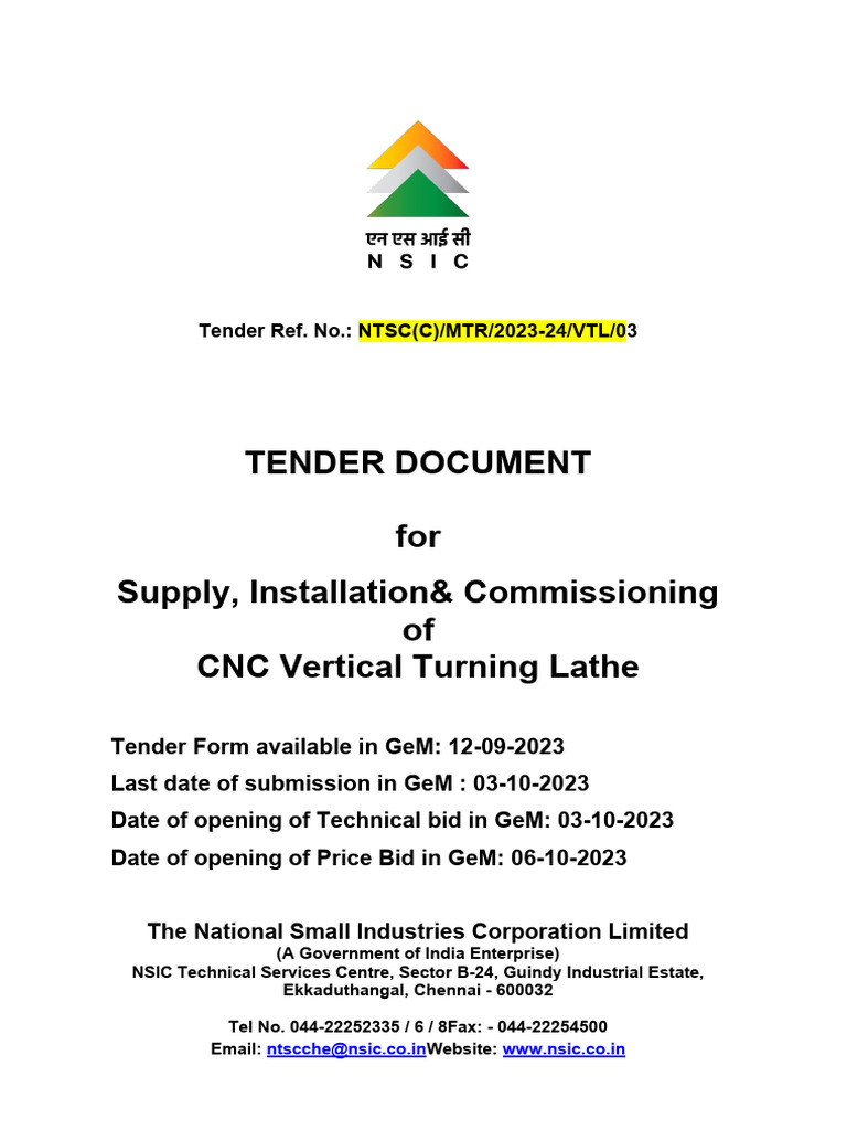Tender Document For Supply, Installation& Commissioning of CNC Vertical Turning Lathe | PDF ...