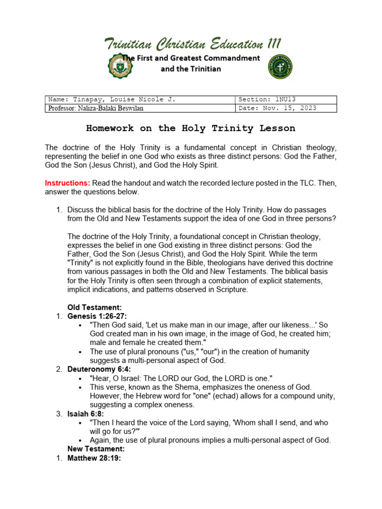 Trinitian Christian Education 111: Homework On The Holy Trinity Lesson ...