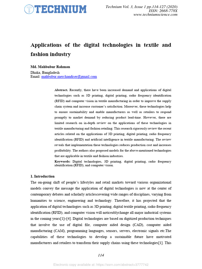 Applications of The Digital Technologies in Textile and Fashion Industry | PDF | 3 D Printing ...