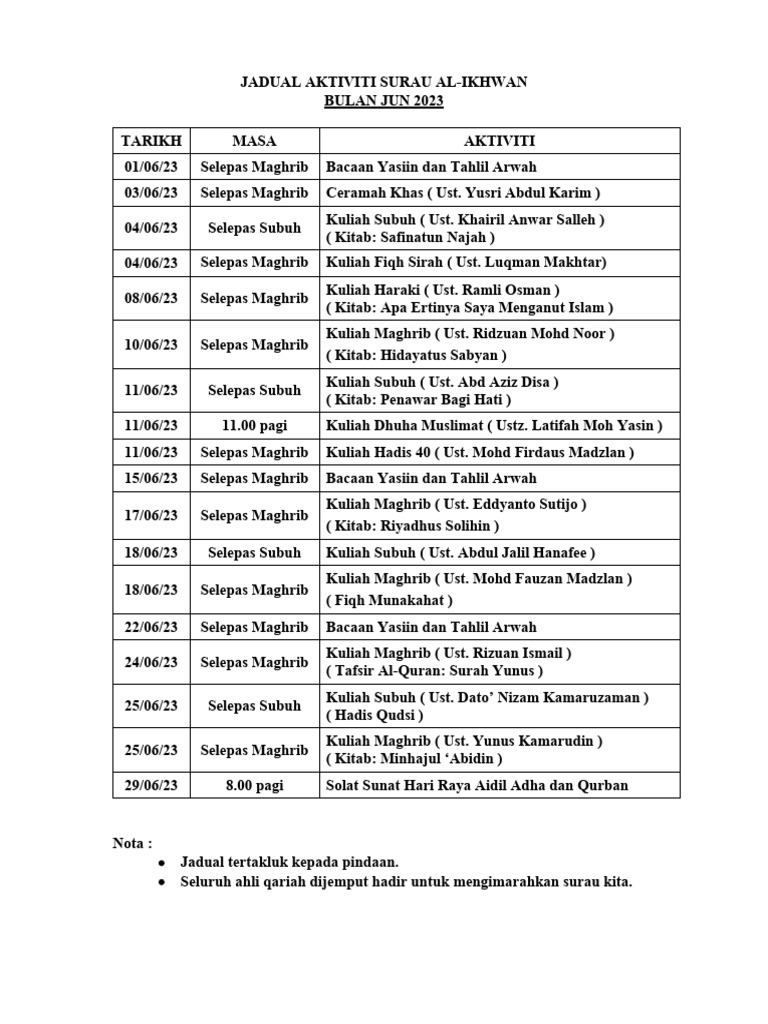Jadual Aktiviti Surau Alikhwan Jun 2023 Pdf