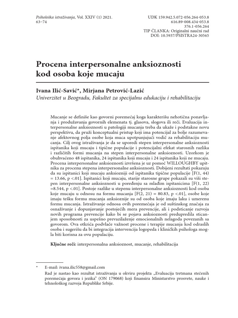 Procena Interpersonalne Anksioznosti Kod Osoba Koje Mucaju: Ivana Ilić ...
