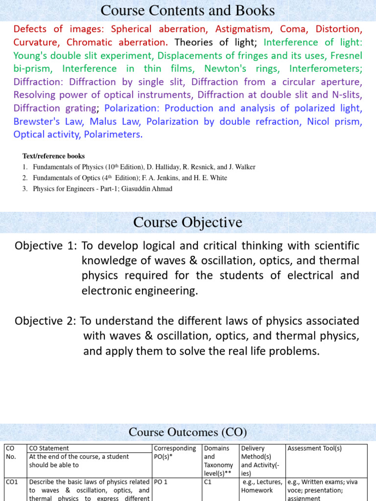 PHY 121 - OPTICS - Lecture 1 and 2 | PDF | Optics | Diffraction