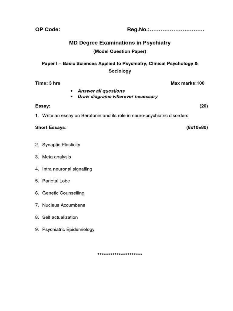 MD Psychiatry Model Question Papers | PDF | Psychiatry | Mental Disorder