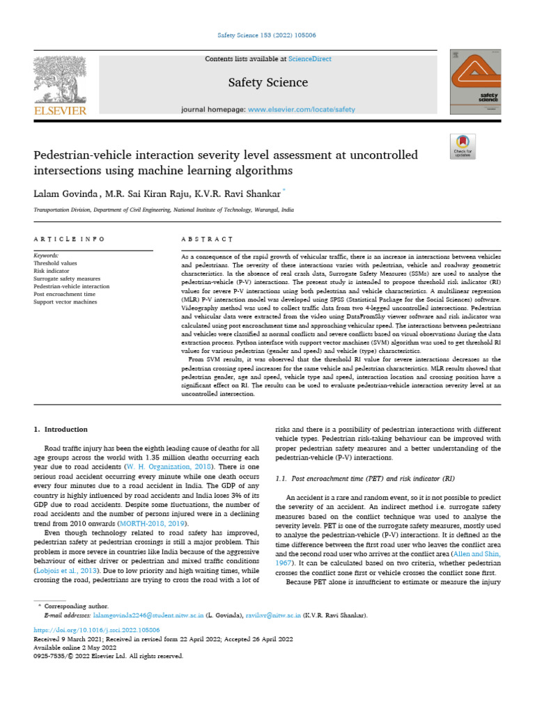 Pedestrian Vehicle Interaction Severity Level Assessment At Uncontrolled Intersections Using