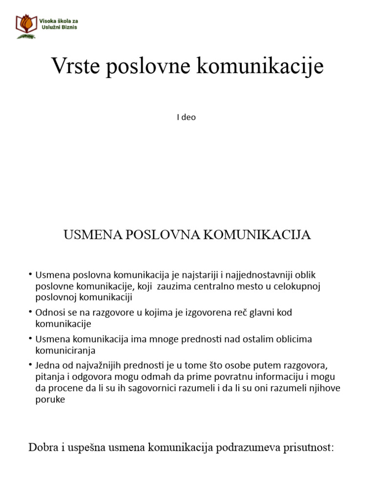 Vrste Poslovne Komunikacije 1 Deo | PDF