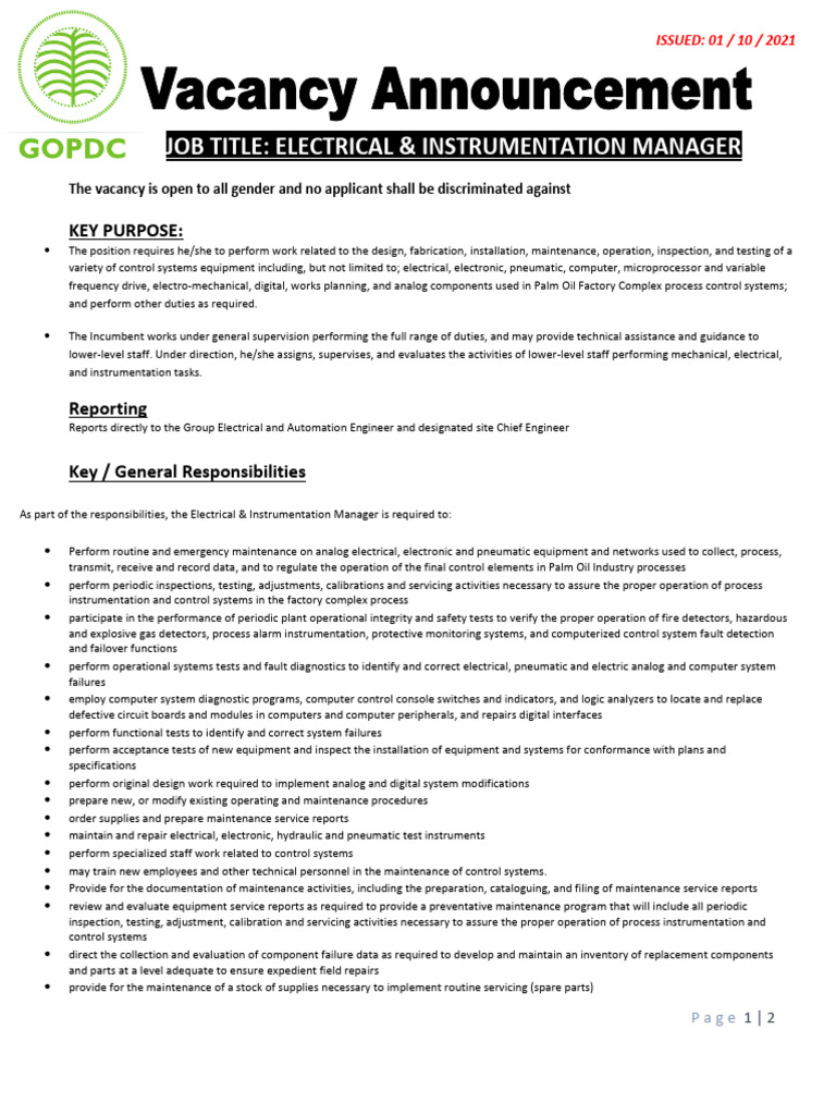 Vacancy Public Announcement - Electrical and Instrumentation Manager ...