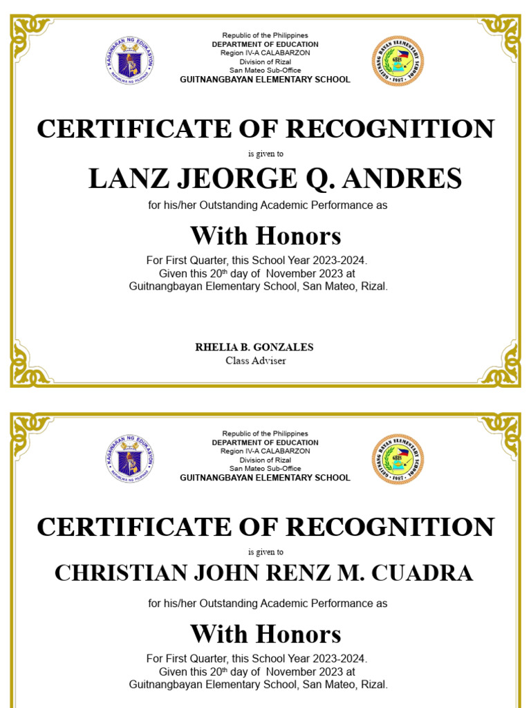 Certificate of Recognition Template Third QTR | PDF | Southeast Asia ...