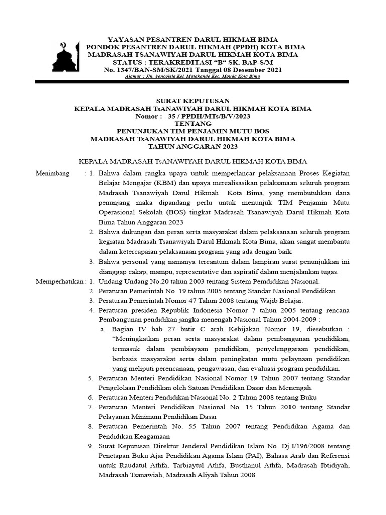 SK Tim PENJAMIN MUTU BOS 2023 | PDF