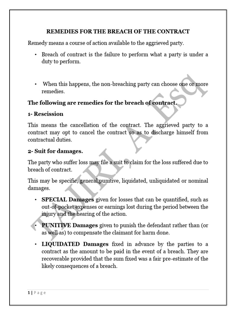 REMEDIES FOR THE BREACH OF THE CONTRACT, by Tajiri, A. Esq | PDF | Damages | Legal Remedy