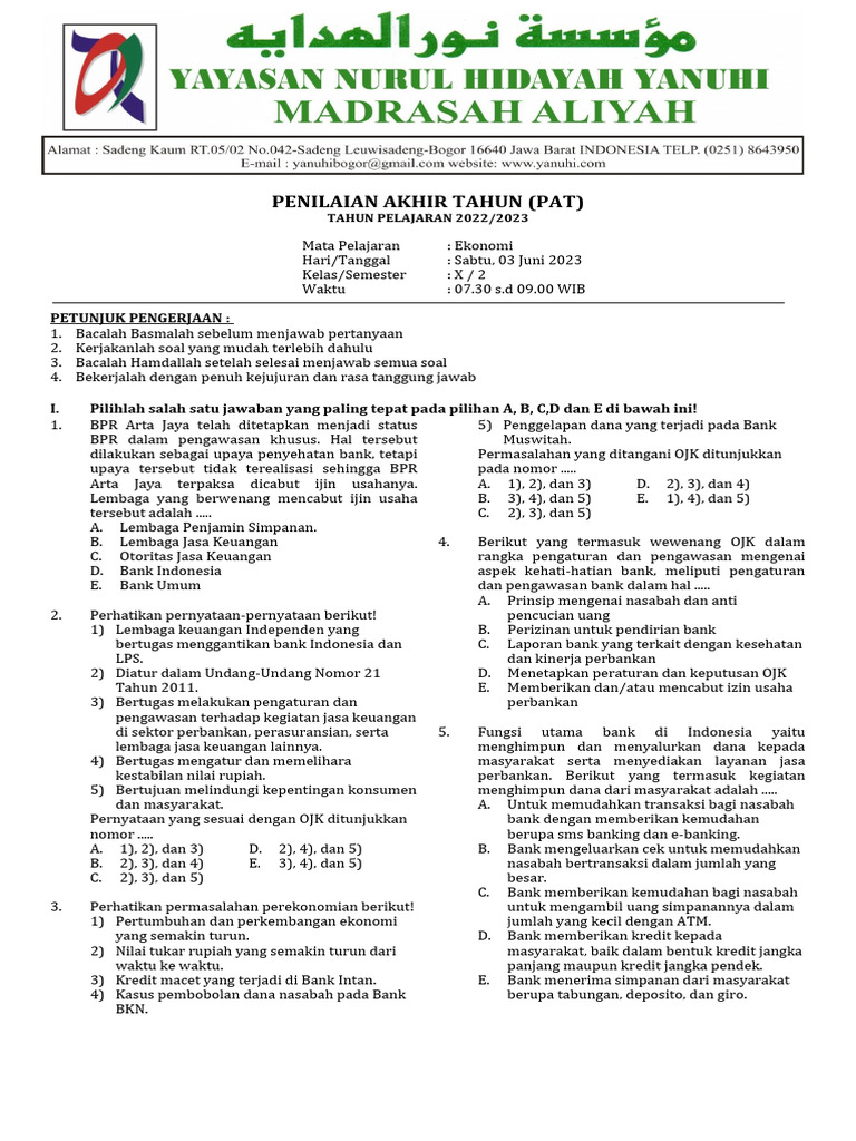 Soal Pat 2023 Ekonomi Kls 10 | PDF | Bisnis | Pengelolaan Keuangan & Uang