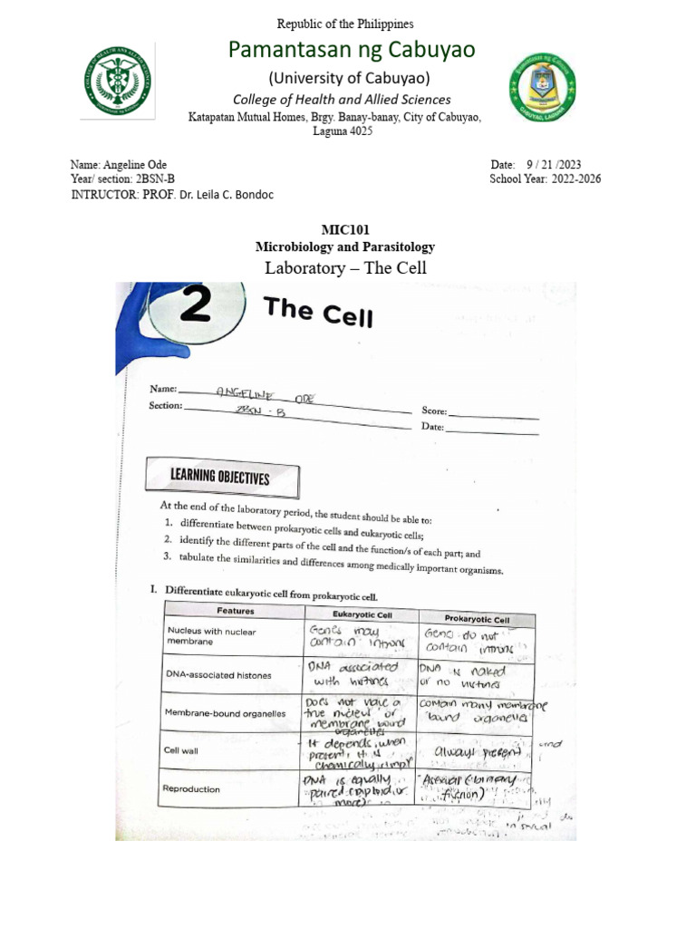 Ode-Angeline - 2BSN-B - Activity 2-Laboratory - The Cell (MIC 101) | PDF