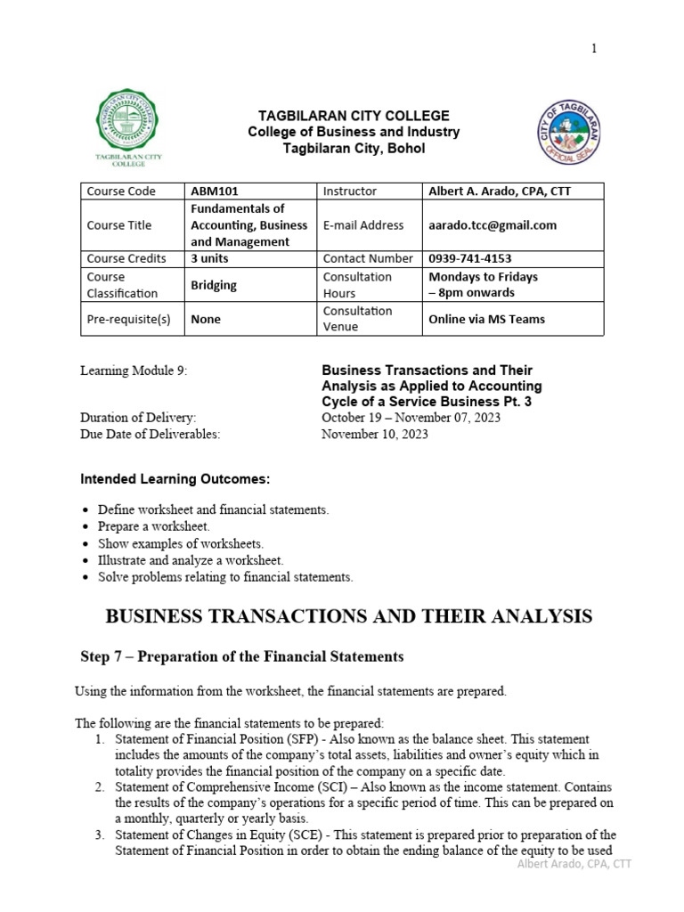 ABM101 - M9 - Business Transactions and Their Analysis As Applied To ...