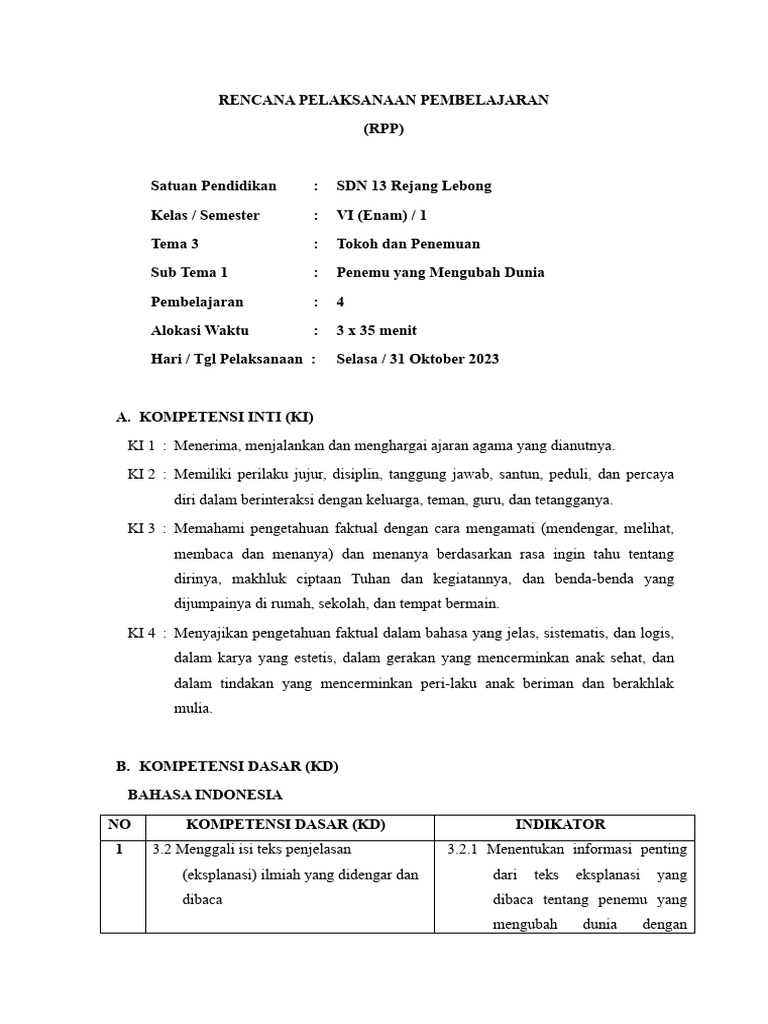 RPP SD Tema Tokoh & Penemuan | PDF