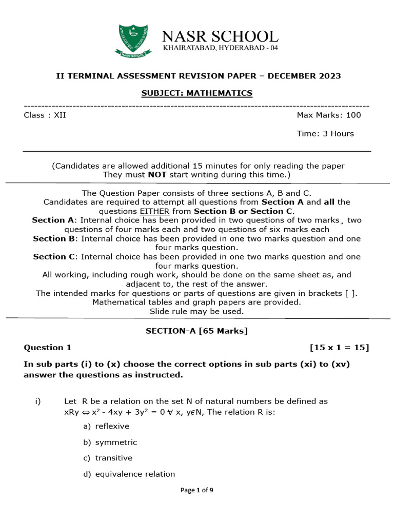 Class 12 - Isc - 2024 Mathematics - Revision Paper - Ii Term | PDF | Mathematical Physics ...