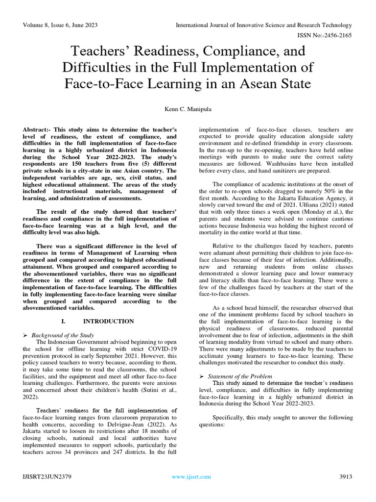 Teachers' Readiness, Compliance, and Difficulties in The Full Implementation of Face-to-Face ...
