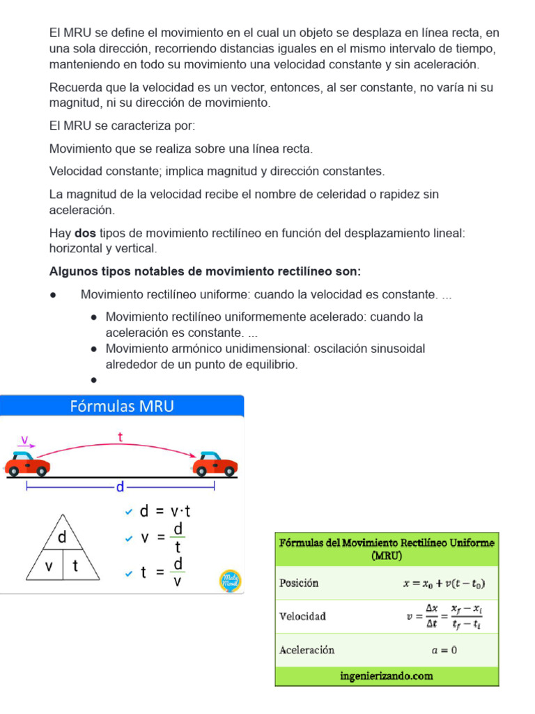 El MRU Se Define El Movimiento en El Cual Un Objeto Se Desplaza en Línea Recta | PDF