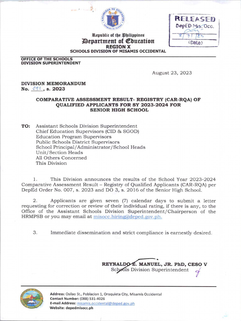 Deped Mis Occ Dm. 592 S. 2023 Comparative Assessment Result Registry ...