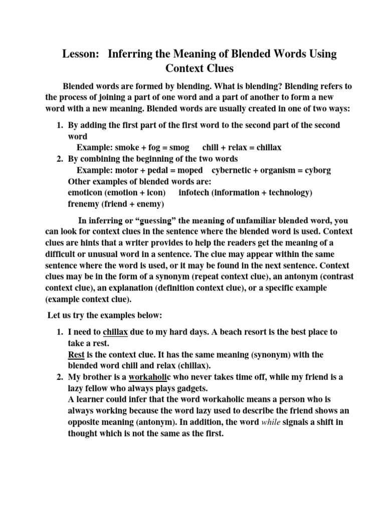Inferring The Meaning of Blended Words Using Context Clues | PDF | Meal ...