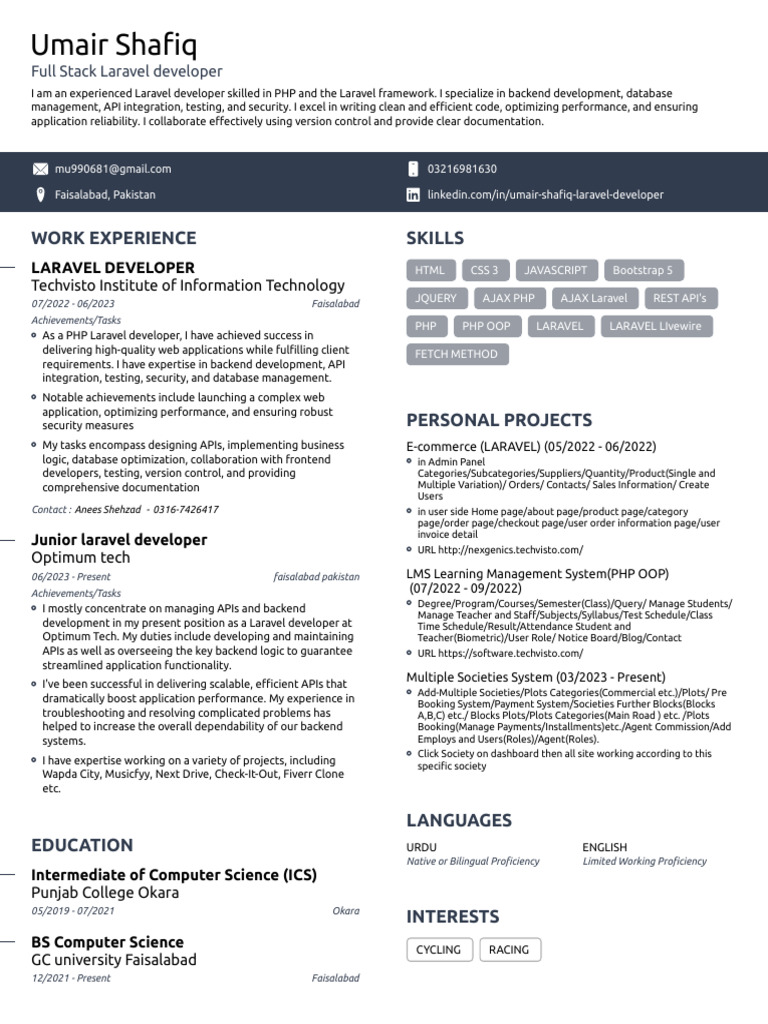 Umair Resume | PDF | Ajax (Programming) | Php