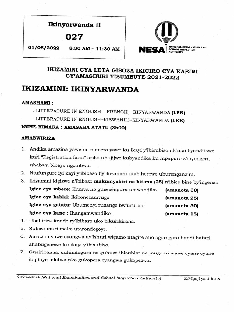 2022 Ikinyarwanda Past Paper Pdf